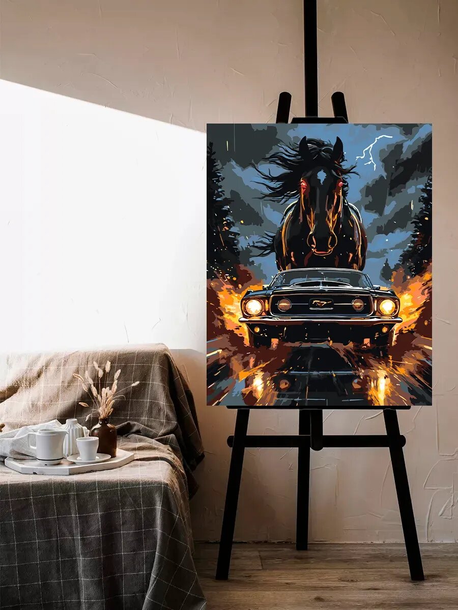 Картина по номерам Черный Мустанг Машина Животное