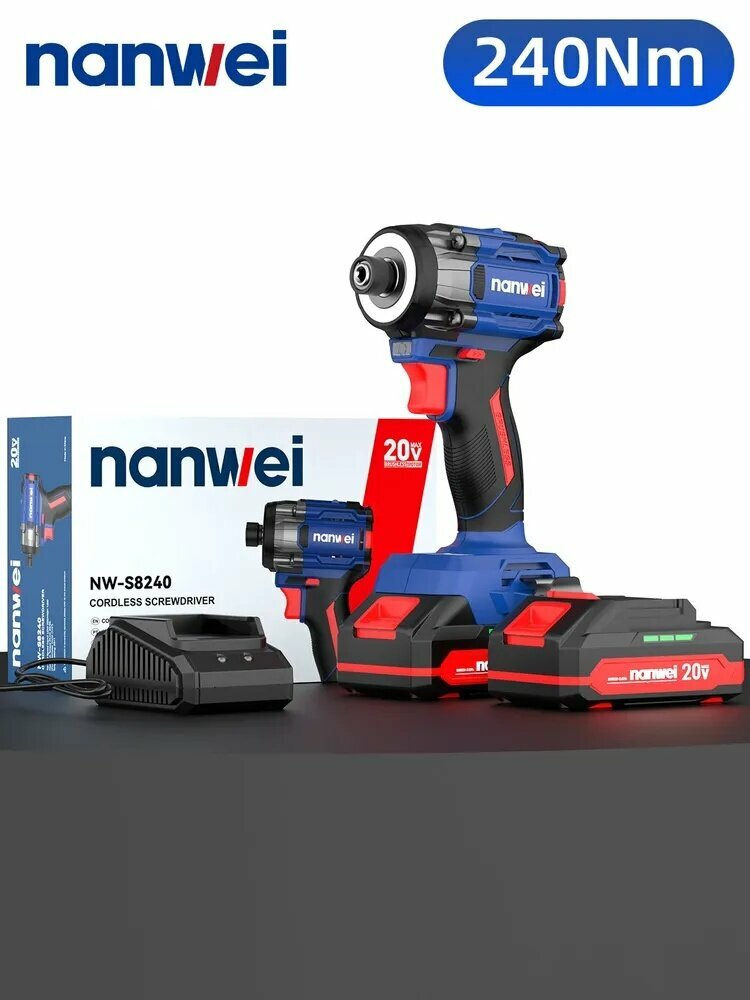 NANWEI 60/120/180/240 Нм Электрический шуруповерт 4-я передача, 1/4 дюйма,3200 об/мин(Батарея 2,0 Ач х 2)