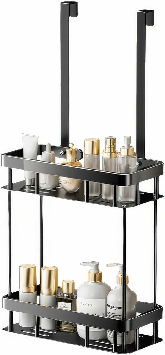 2-уровневый подвесной органайзер для душа, наддверный держатель для шампуня, без сверления, черный, для ванной