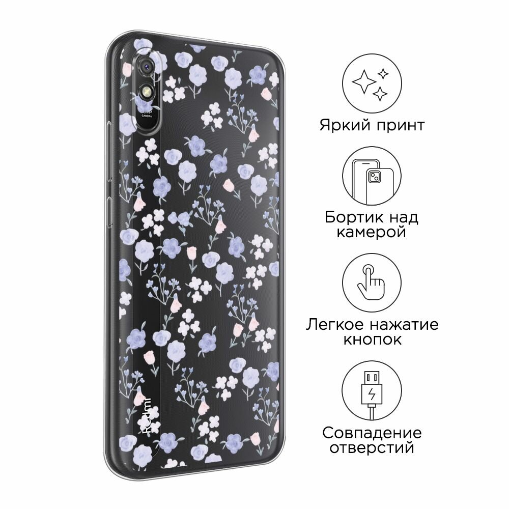 Чехол на Xiaomi Redmi 9A / Сяоми Редми 9А с принтом "Сиреневые розы паттерн", прозрачный — фото 1