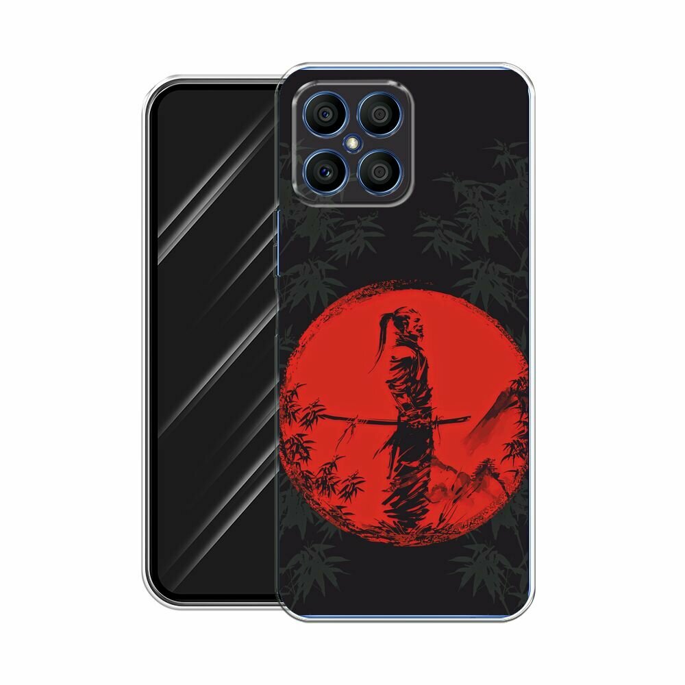 Чехол на Honor X8 / Хуавей X8 с принтом "Самурай на красном фоне" — фото 1