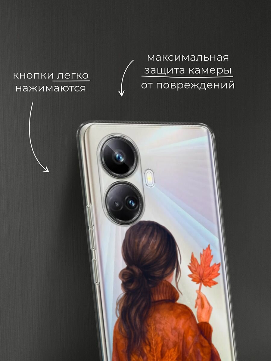 Чехол на Realme 10 Pro+ / Реалми 10 Про+ с принтом "Девушка с опавшим листом", прозрачный — фото 1