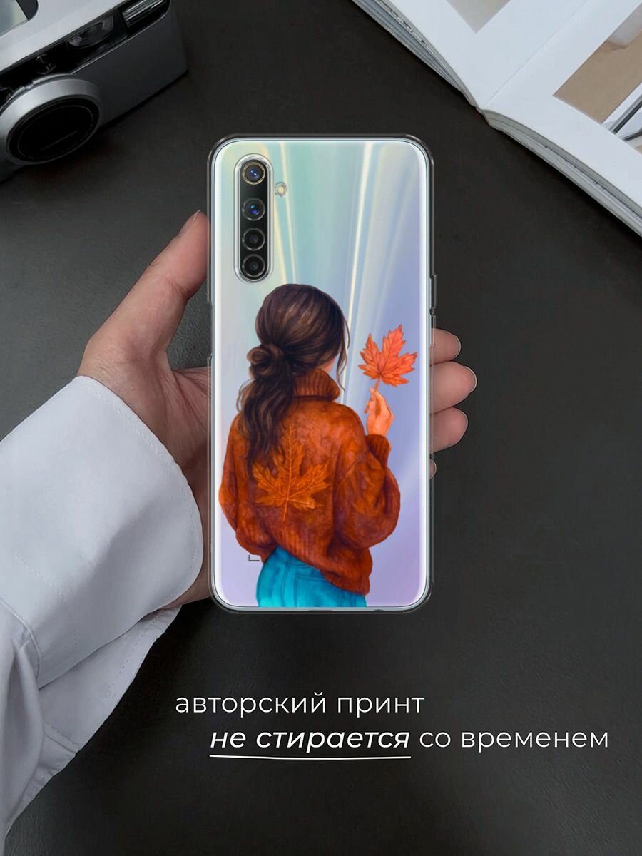 Чехол на Realme 6 / Реалми 6 с принтом "Девушка с опавшим листом", прозрачный — фото 1
