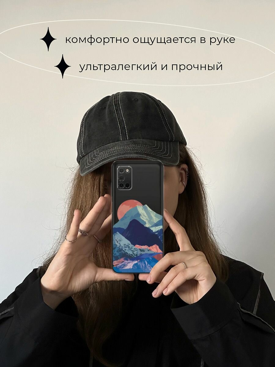 Чехол на Samsung Galaxy A03S / Самсунг Галакси A03S с принтом "Закат в снежных горах", прозрачный — фото 1