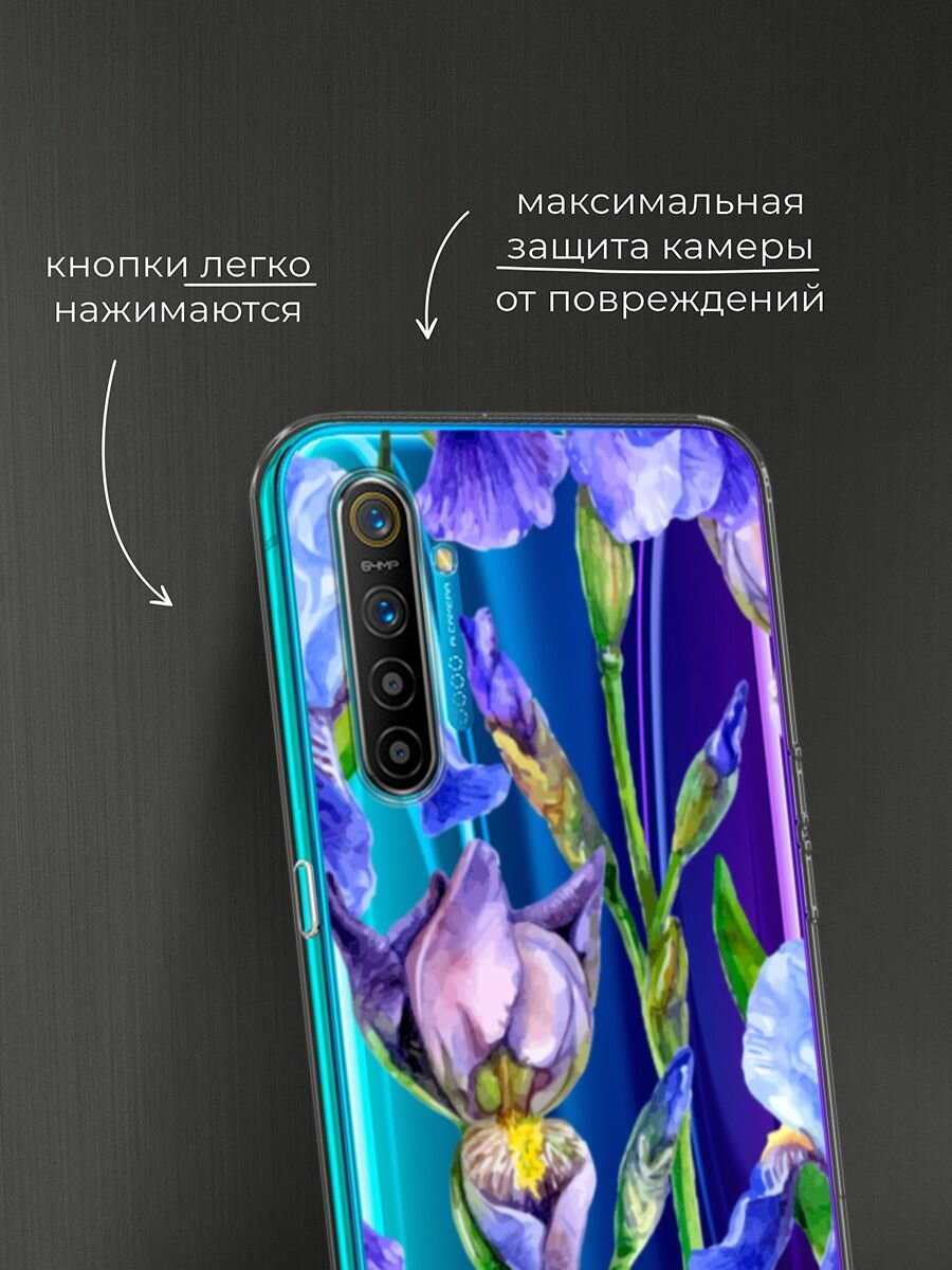 Чехол на Realme XT / Реалми XT с принтом "Синие ирисы", прозрачный — фото 1