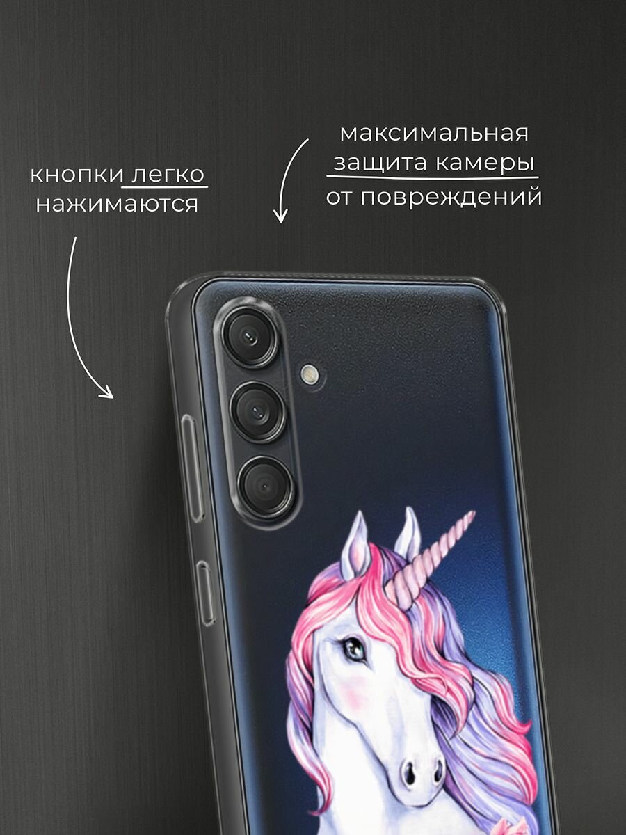 Чехол на Samsung Galaxy M55 / Самсунг M55 с принтом "Единорог с пионами", прозрачный — фото 1