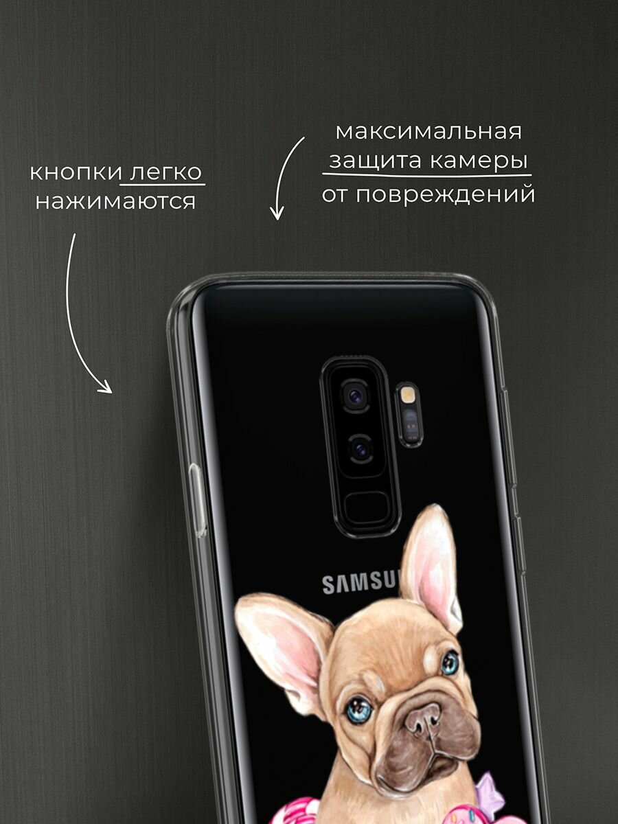 Чехол на Samsung Galaxy S9 + / Самсунг Галакси С9 Плюс с принтом "Бульдог и сладости", прозрачный — фото 1