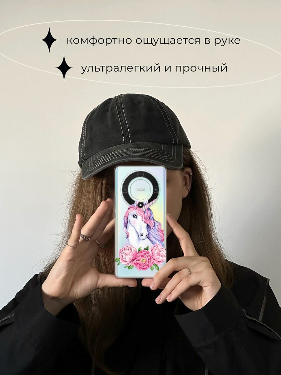 Чехол на Honor X9A / Хонор X9A с принтом "Единорог с пионами", прозрачный — фото 1
