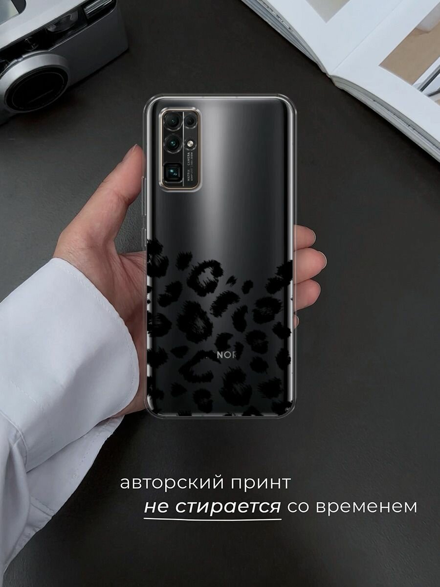 Чехол на Honor 30 / Хонор 30 с принтом "Окрас леопарда фон черный", прозрачный — фото 1
