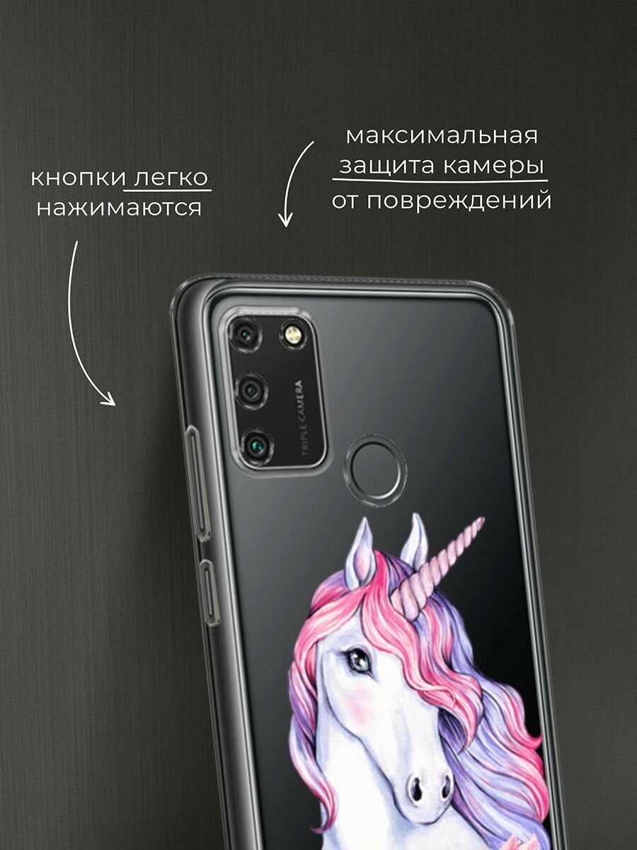 Чехол на Honor 9A / Хонор 9А с принтом "Единорог с пионами", прозрачный — фото 1