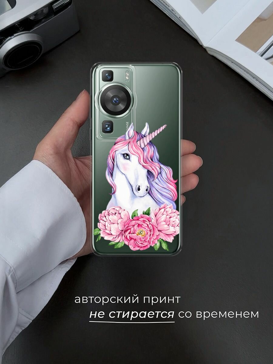 Чехол на Huawei P60/P60 Pro / Хуавей P60/P60 Про с принтом "Единорог с пионами", прозрачный — фото 1