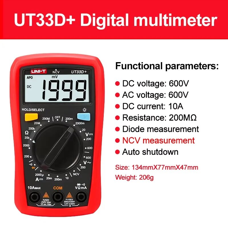 UNI-T UT33D+ цифровой мультиметр, 600V, 10A, NCV