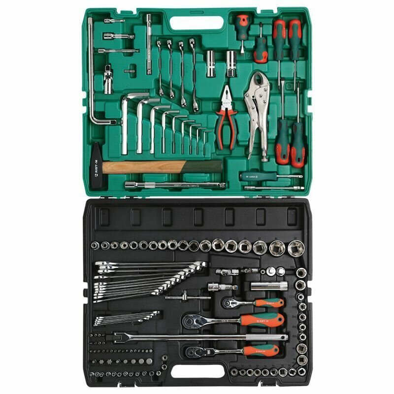 Набор инструментов 142 предмета универсальный 1/4", 3/8", 1/2" дюйма 6/12-гр. (+2 доп.) AIST-M 4081144-M с молотком для дома и автомобиля в чемодане (кейсе) большой с 3-мя трещотками