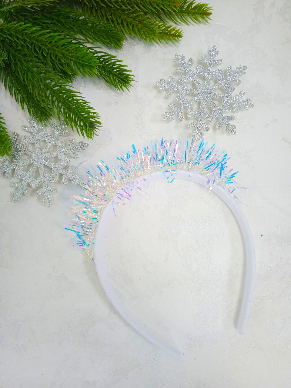 Ободок Снежинки на пружинках, Серебро , Новогодний аксессуар для образа