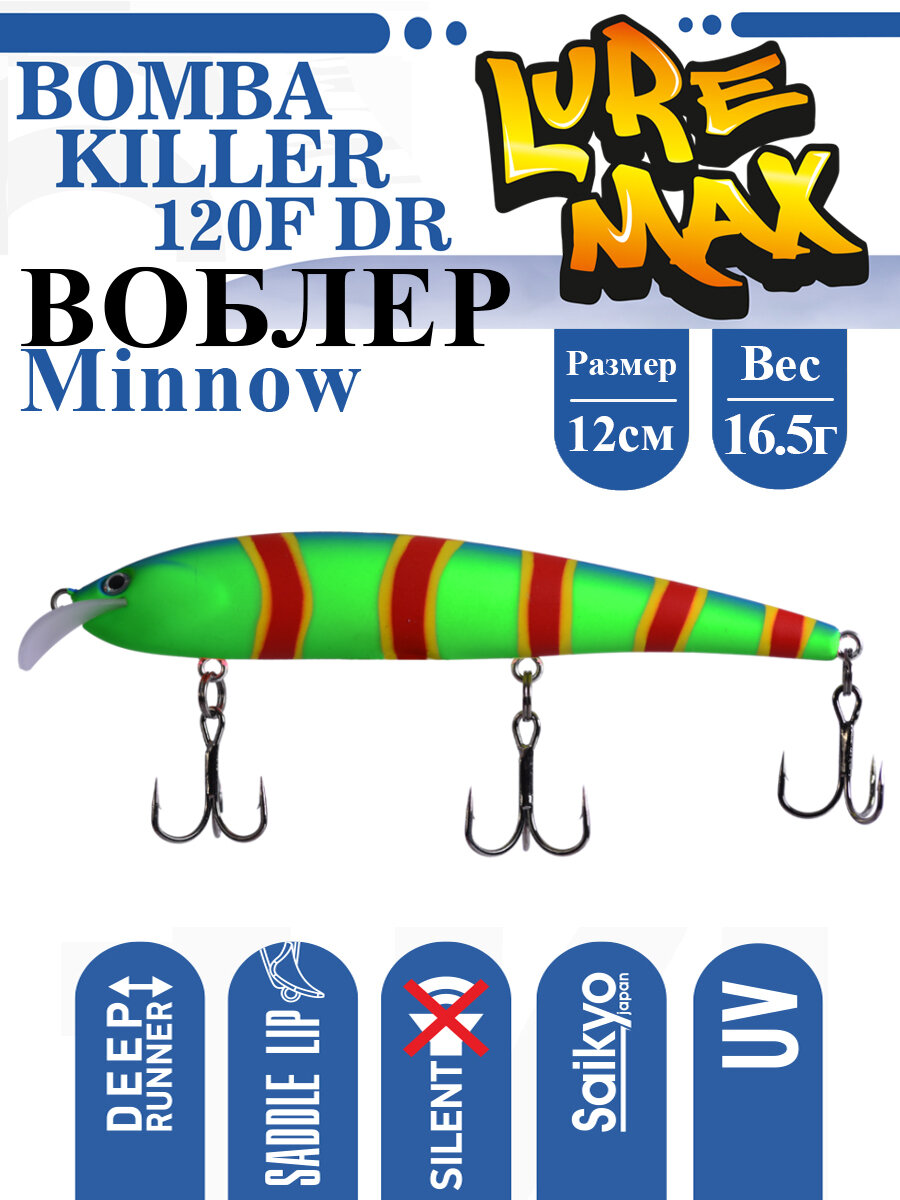Воблер для рыбалки LureMax BOMBA KILLER 120FDR-087 16,5 г. для троллинга (судак, щука) плавающий