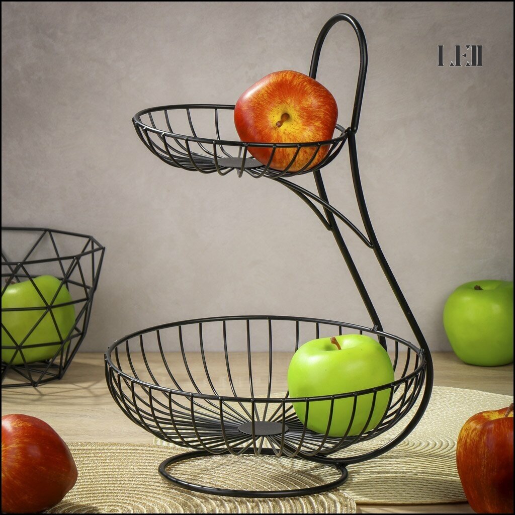 Ваза для фруктов, 2 яруса, металл, на ножке, 25х25х37 см, Y4-7625, черная