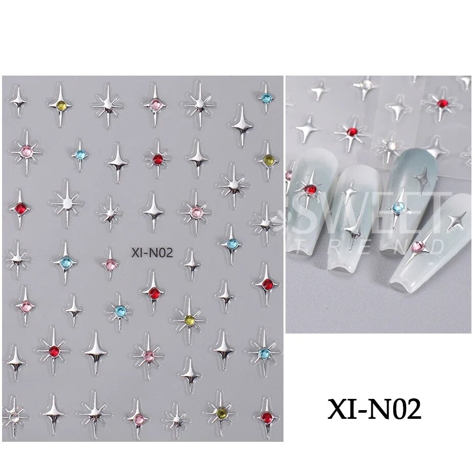 Наклейки на ногти 5D, серебряные звезды, XI-N02