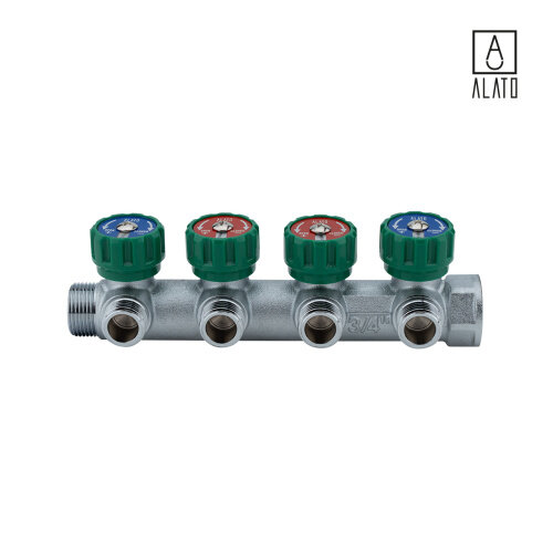 Коллектор 3/4" х 1/2" 4 выхода (под плоское уплотнение) латунь никелиров. (1/25) "ALATO" 0311-0004