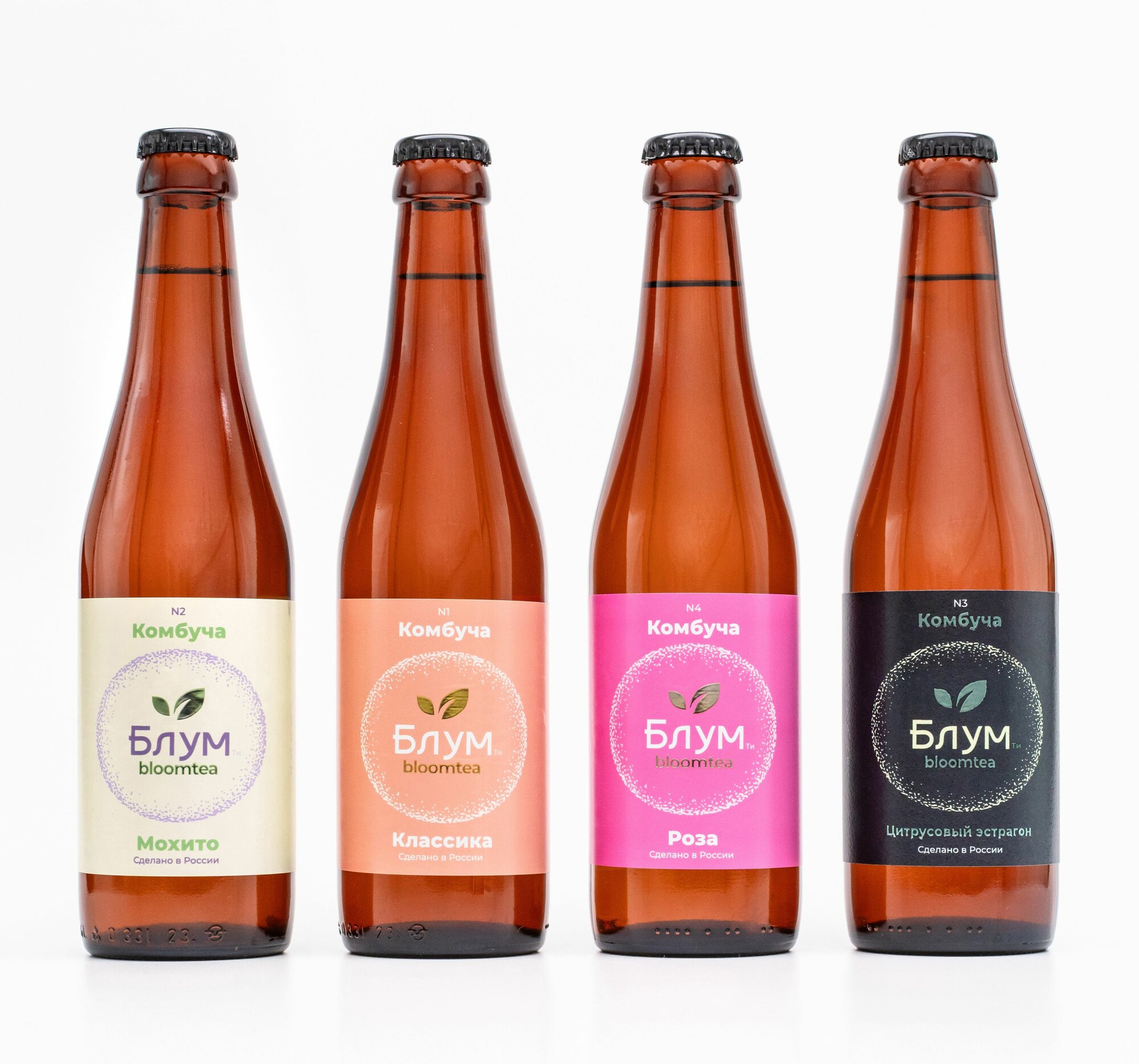 Комбуча чайный гриб Блум BLOOMTEA, PREMIUM, непастеризованная, без ароматизаторов, сет, 4 вкуса, 4х0,33л