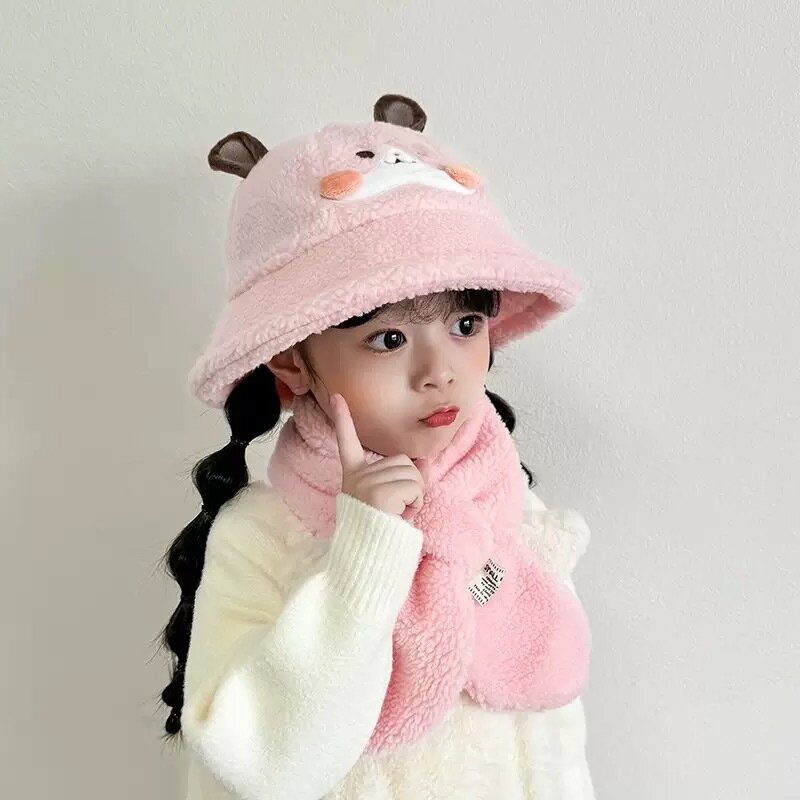 Детская шапка, шарф, комплект из двух предметов, зимняя теплая шапка-тазик с милым кроликом для девочек, детская зимняя рыбацкая шапка для мальчика
