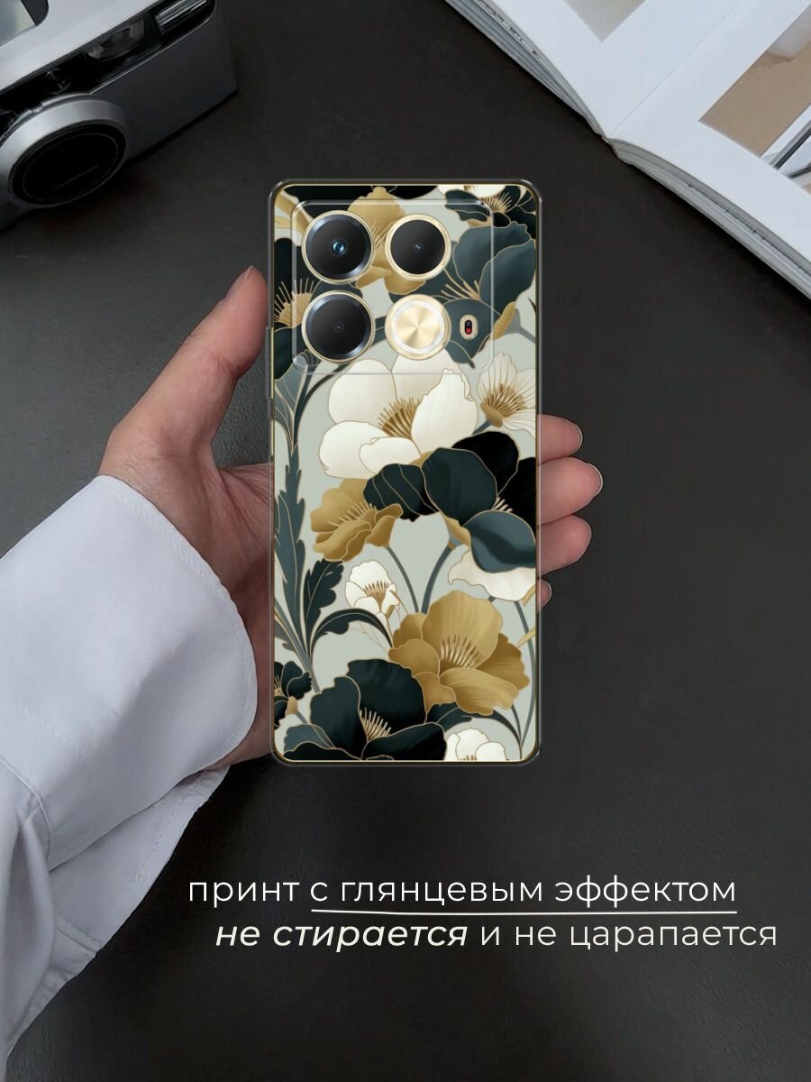 Чехол на Infinix Note 40 / Инфиникс Нот 40 с принтом Золотые и белые цветы — фото 1