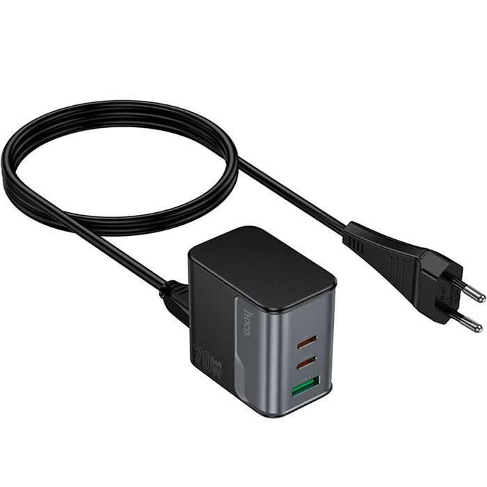 Адаптер питания USB-C/A 3.0А 3 порта Hoco CS76A Black 1USB+2Type-C 3.0A PD 70W GaN быстрая зарядка, с вилкой, черный