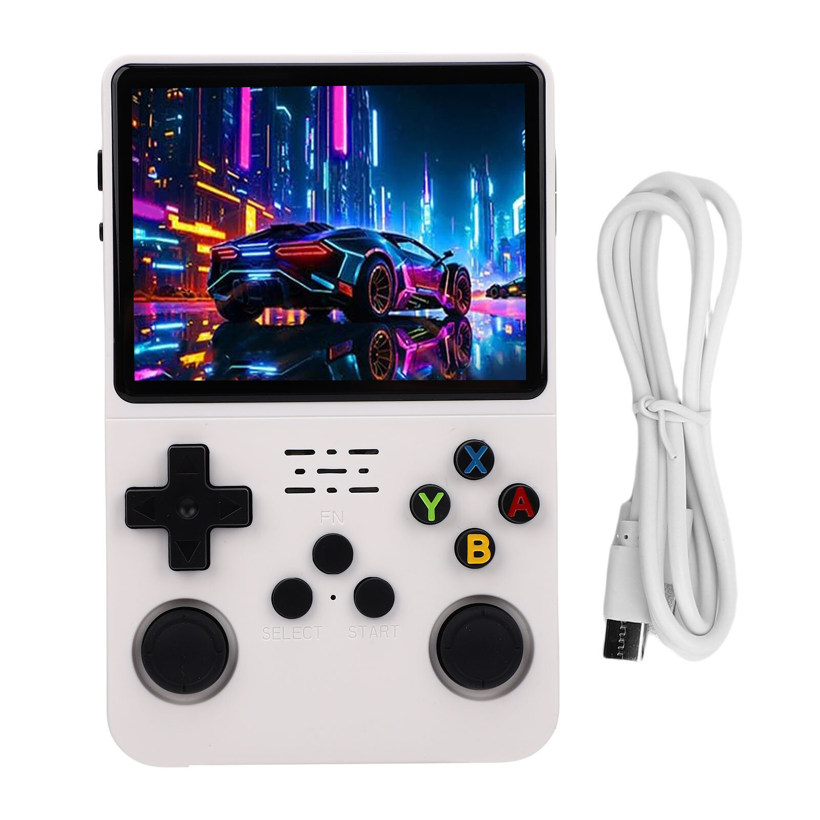 Портативная ретро-игровая консоль с двумя 3D-джойстиками, 3,5-дюймовым экраном 640x480, поддержкой более 10 эмуляторов, аккумулятором 3000 мАч, весом 128 г, белого цвета.