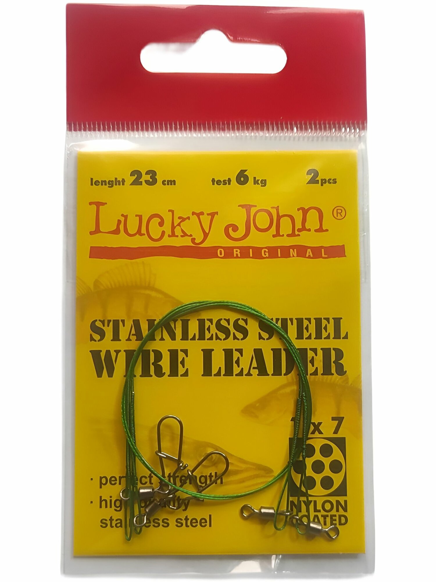 Поводки стальные Lucky John SSW 1x7 оснащенные вертлюгом и вертлюгом с застёжкой, диам.0.45мм/6кг/23см/ 2шт.