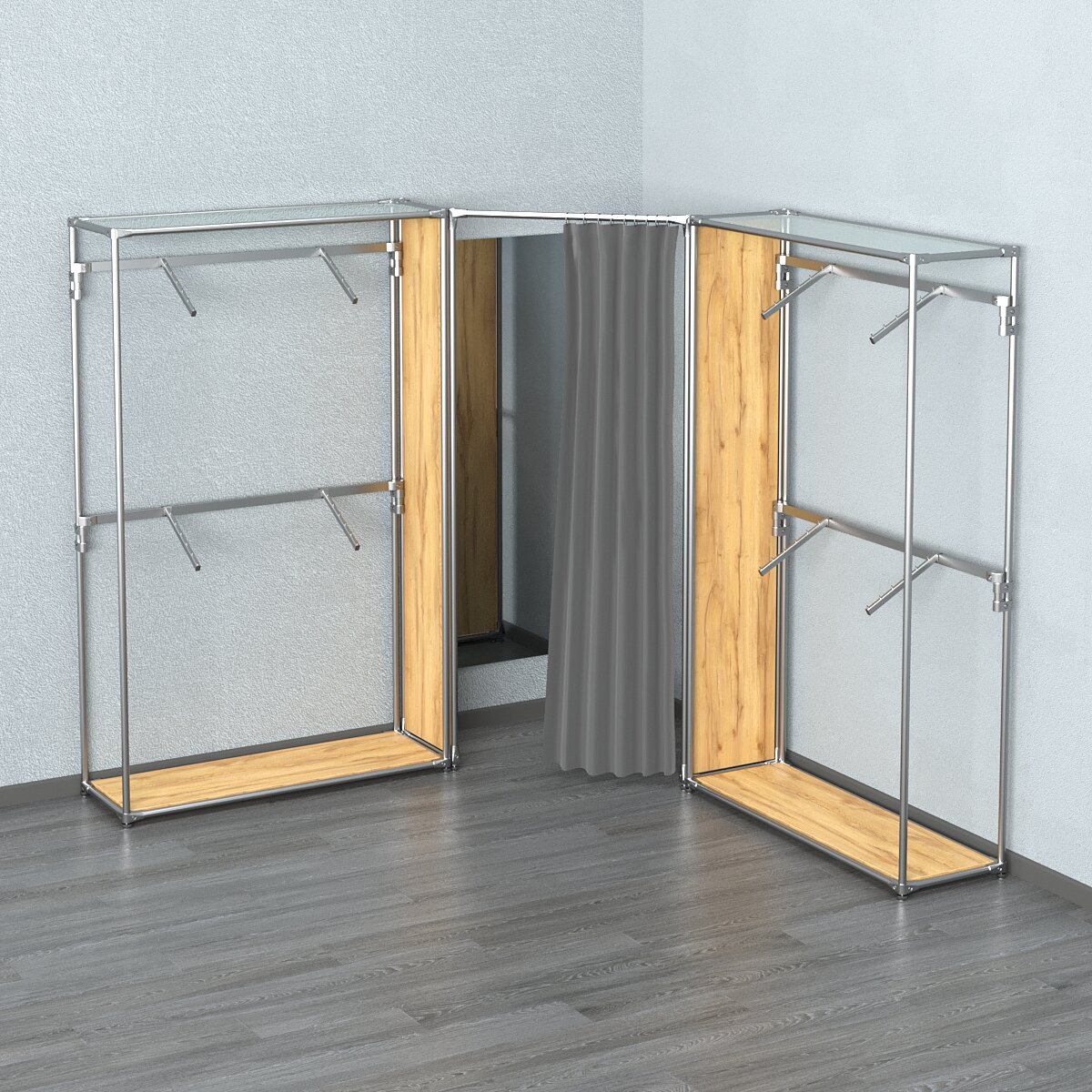 Примерочная с зеркалом из системы хром с поручнями №2-1, Дуб Золотистый