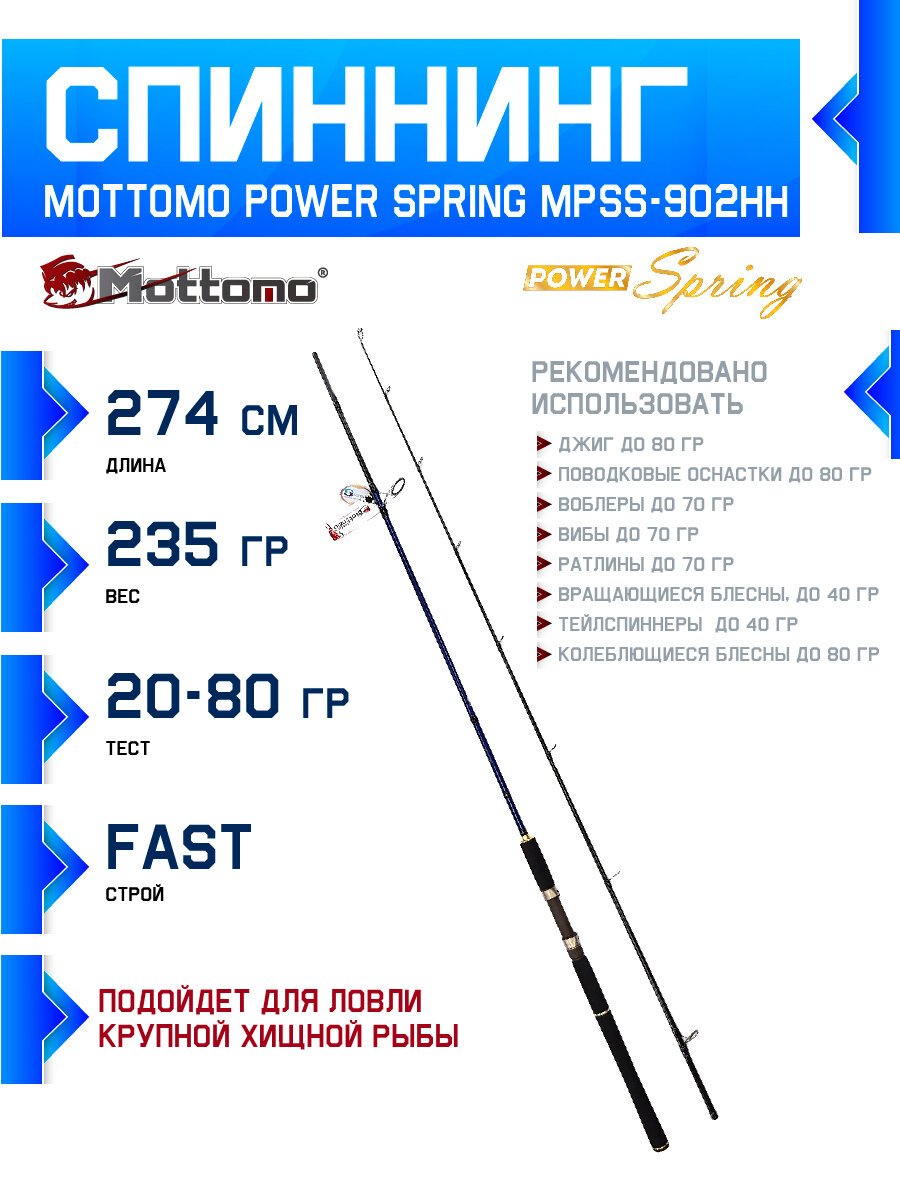 Спиннинг Mottomo Power Spring MPSS-902HH 274см/20-80g на щуку, судака, окуня