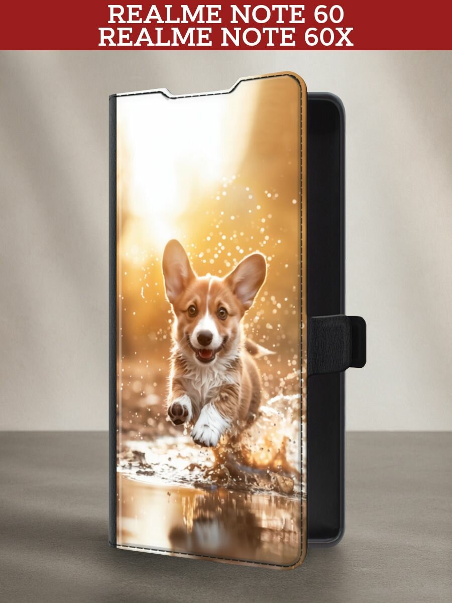 Чехол-книжка на Realme Note 60/Note 60X / Реалми Нот 60/Нот 60Х с принтом Счастливый щеток в луже, черный