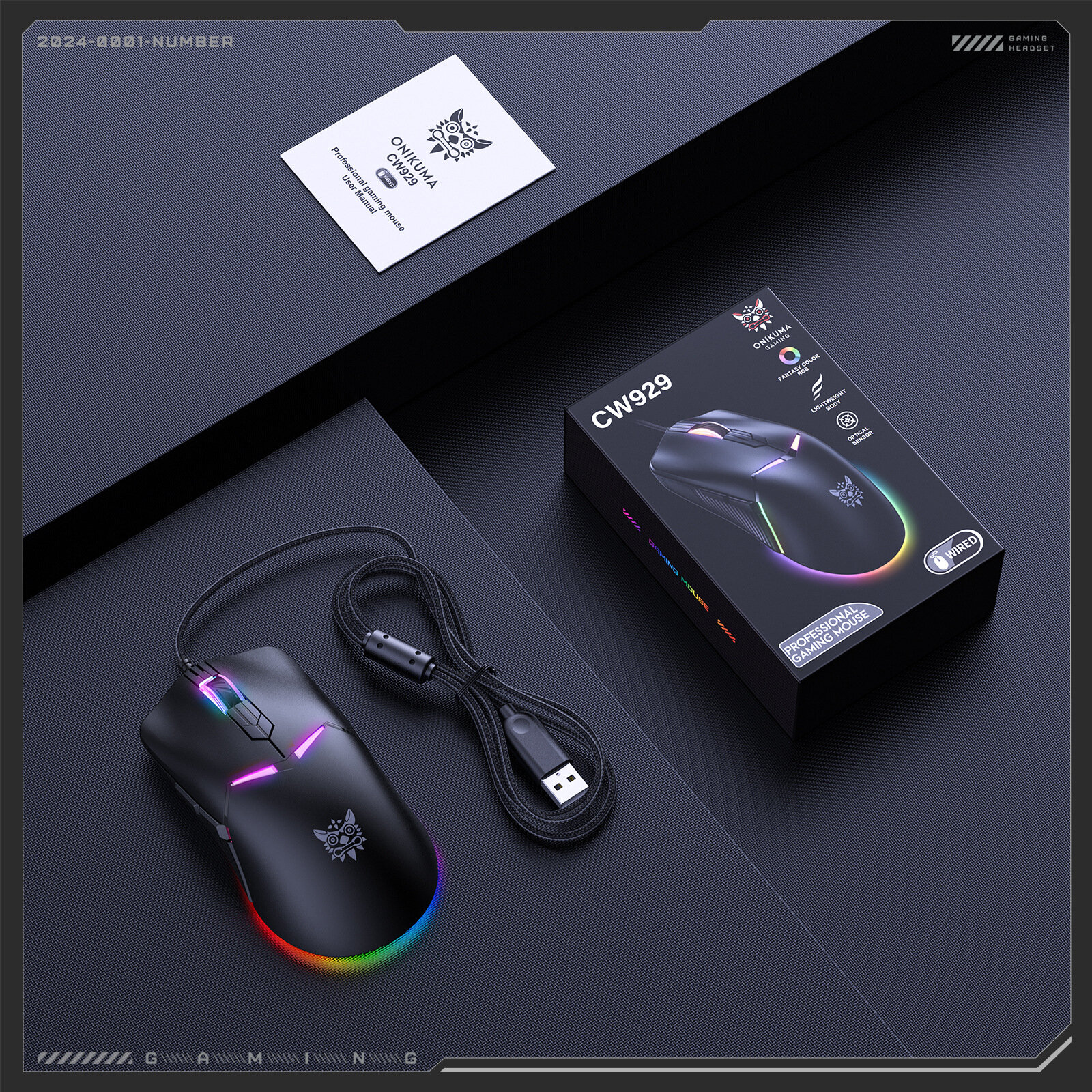 CW929 Механическая игровая мышь с подсветкой RGB, 6 программируемых макроклавиш, проводная USB для ПК - Черная