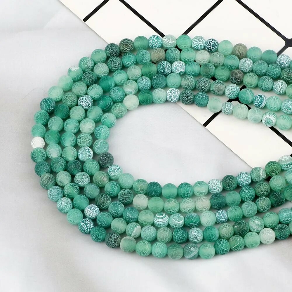 Агат морозный с трещинками 8 мм, бусины на нитке (около 48 шт) , зеленый