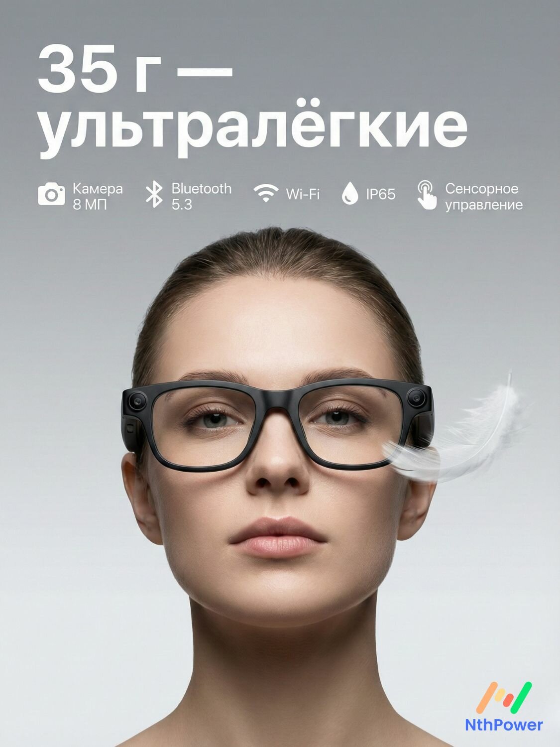 Очки с камерой, шумоподавлением и голосовым ассистентом, беспроводные, черные