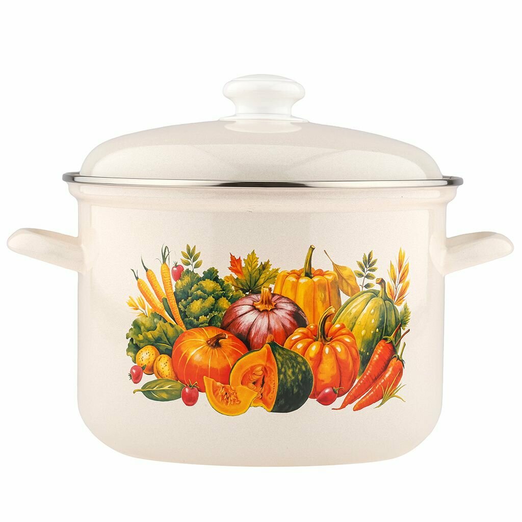 Кастрюля Лысьвенские эмали "Осенний карнавал", эмалированная, 6 л, форма цилиндрическая, металлическая крышка (С-1618АП2/4Жм)