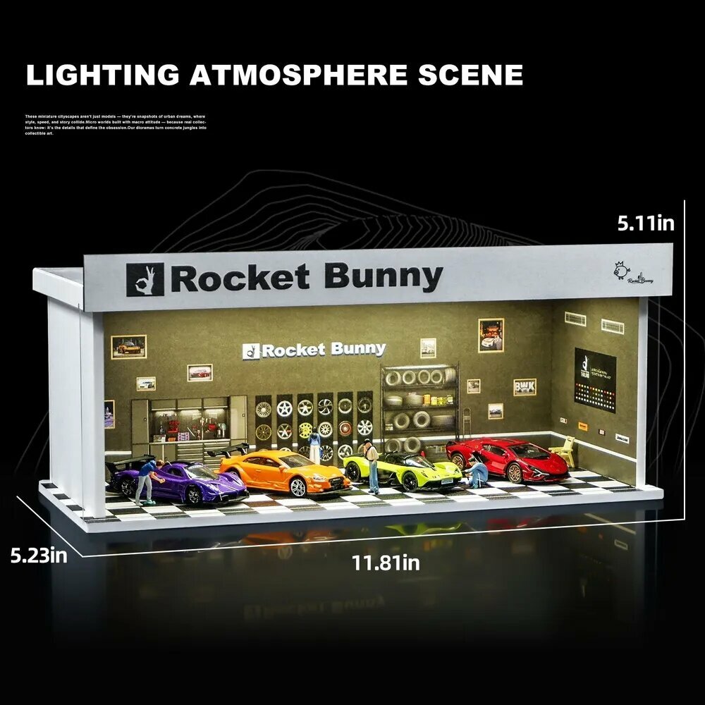 1:64 Rocket Bunny Modification Shop Сцена на парковке, с подсветкой. Куклы и модели машин не включены