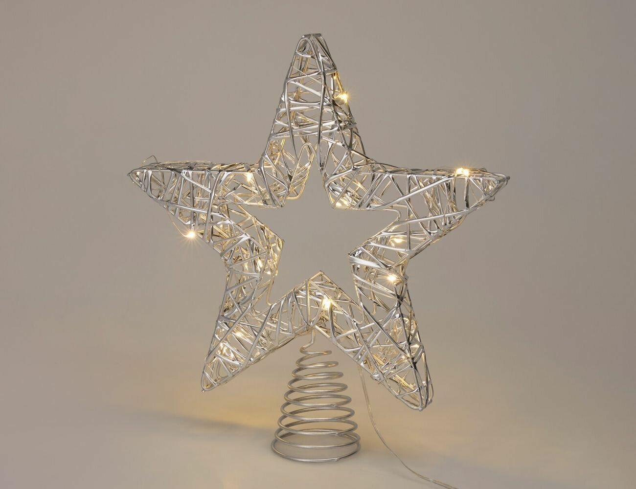 Ёлочная верхушка звезда савита, металл, серебряная, 20 тёплых белых микро LED-огней, 28 см, таймер, батарейки, Koopman International AMZ201180