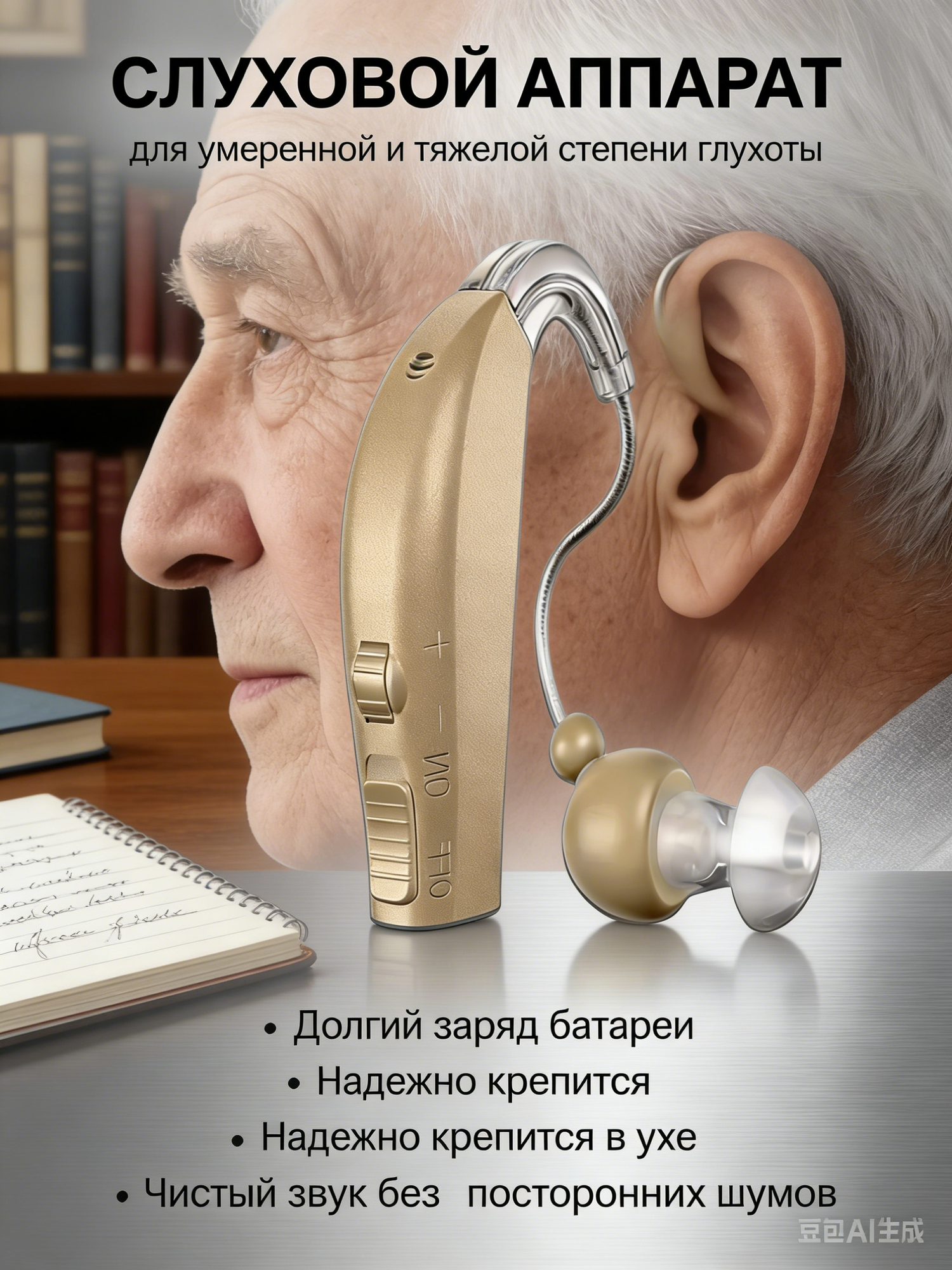 Накладной слуховой прибор с зарядным устройством для пожилых и взрослых