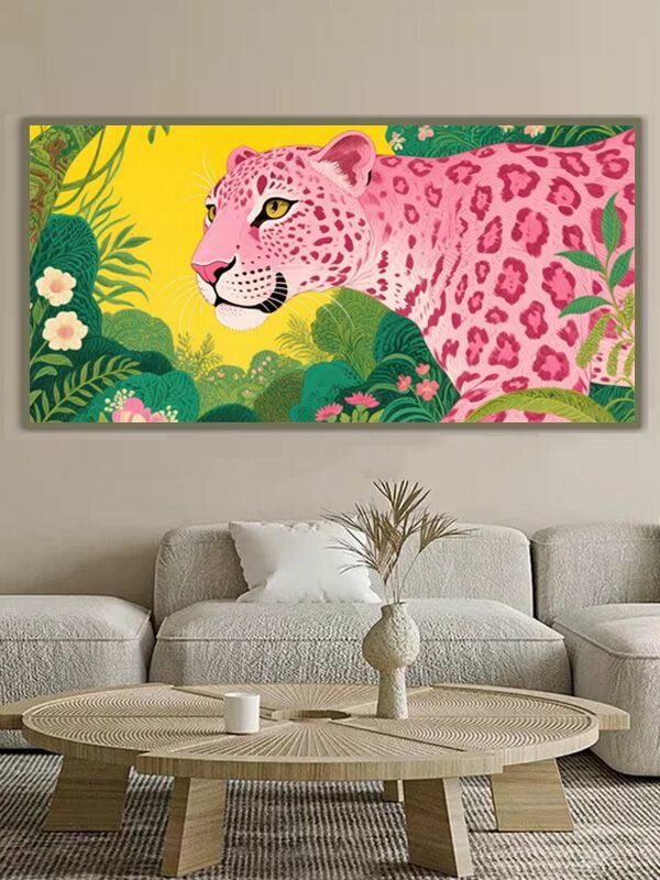 Алмазная мозаика, розовый леопард/декоративная роспись, алмазная декоративная роспись, 100х50 см