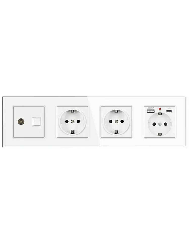 Розетка электрическая 4 поста с USB/Type-C+RJ45 ТВ-Компьютер 220В 16А Стекло Рамка Белый