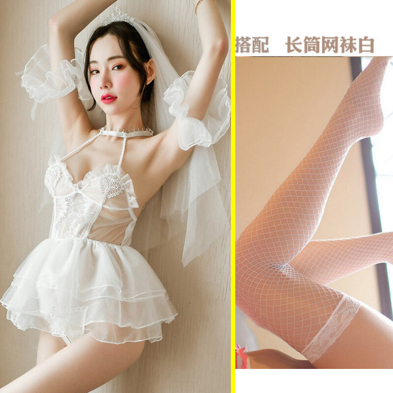 Сексуальный и соблазнительный комплект женского нижнего белья 2022 года: прозрачное белое свадебное платье и наряд невесты. Белые чулки в сеточку.
