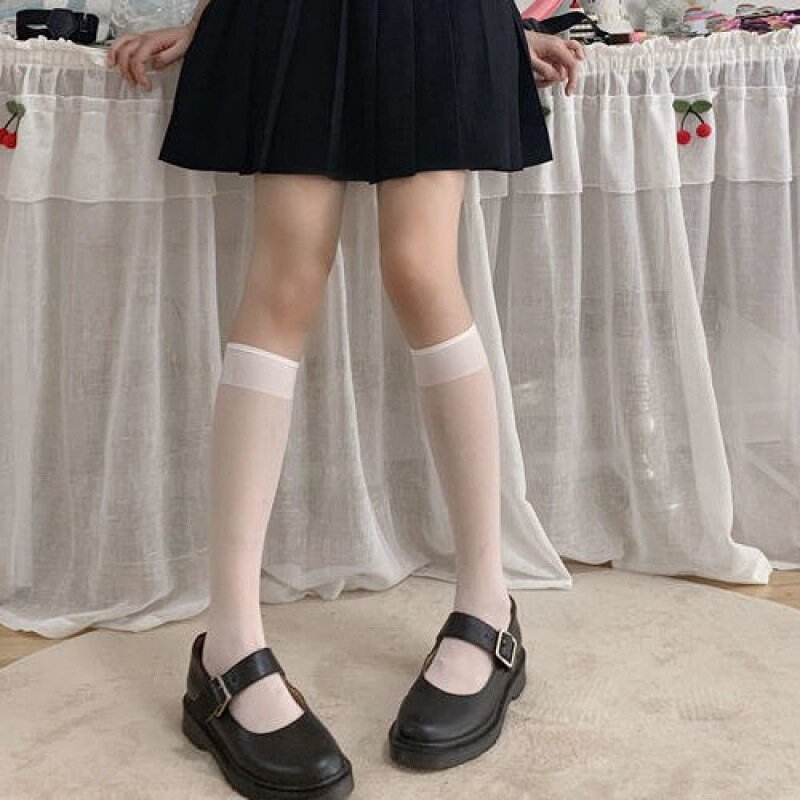 Белые кружевные чулки выше колена, модный стиль, для косплея, сексуальные, длинные леггинсы для ношения под костюмом. Прозрачные чулки до икр, белые, 1 пара.