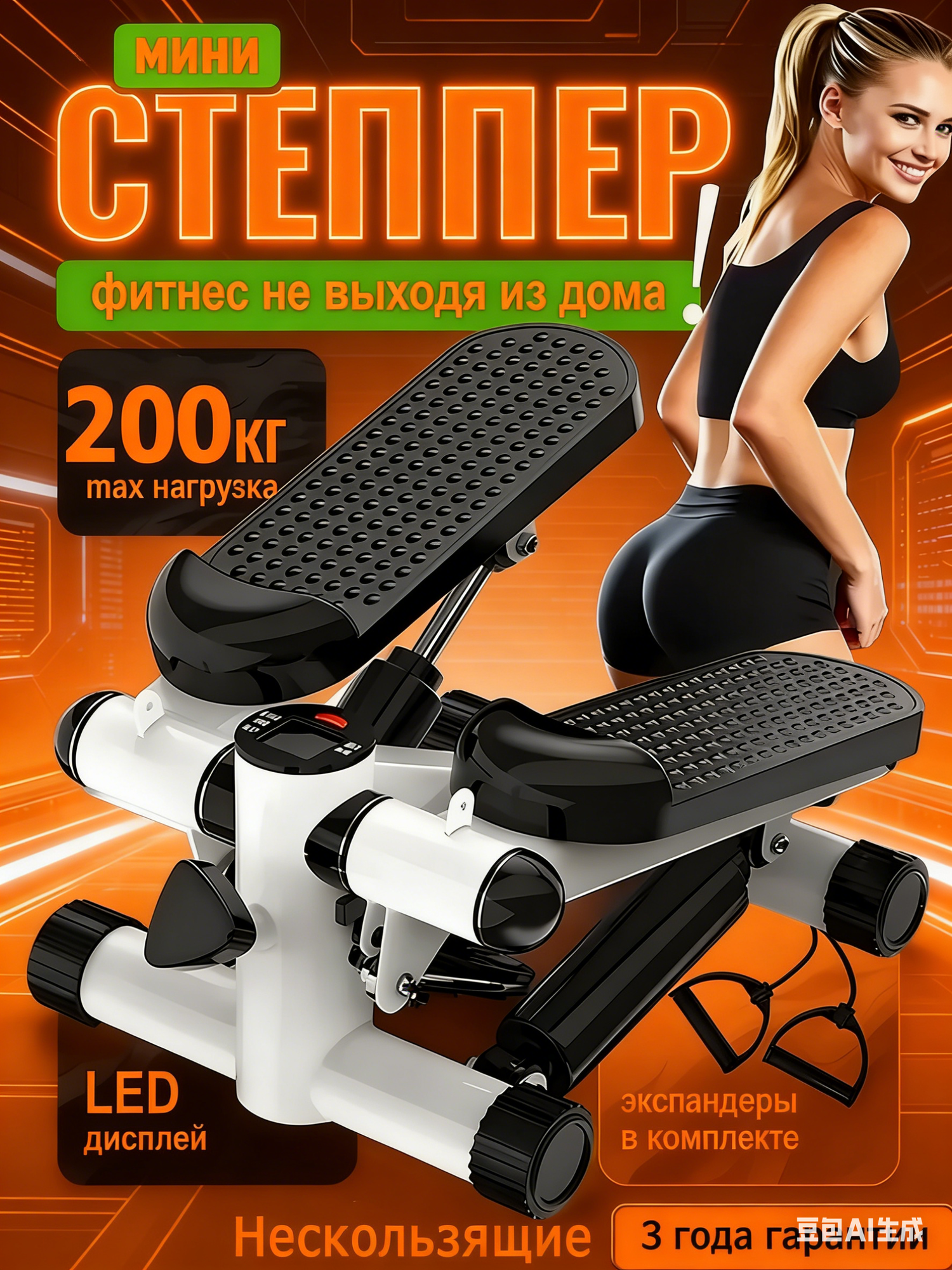 Степпер-тренажер для ног, бедер и ягодиц с эспандерами, максимальная нагрузка 200 кг