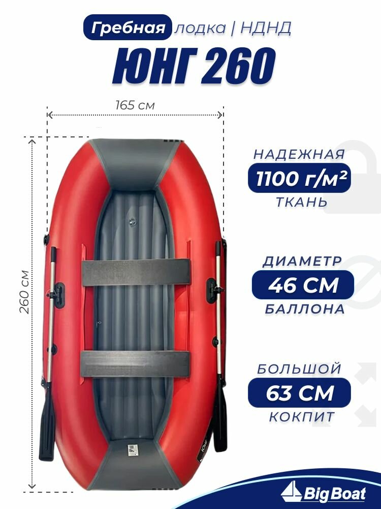 Надувная, гребная лодка для рыбалки ПВХ НДНД Юнг 260, красно-серый