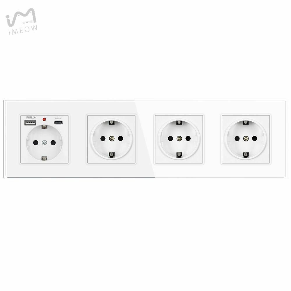 Розетка четырехместная с USB и Type-C портами, Рамка из закаленного стекла 295мм*82мм