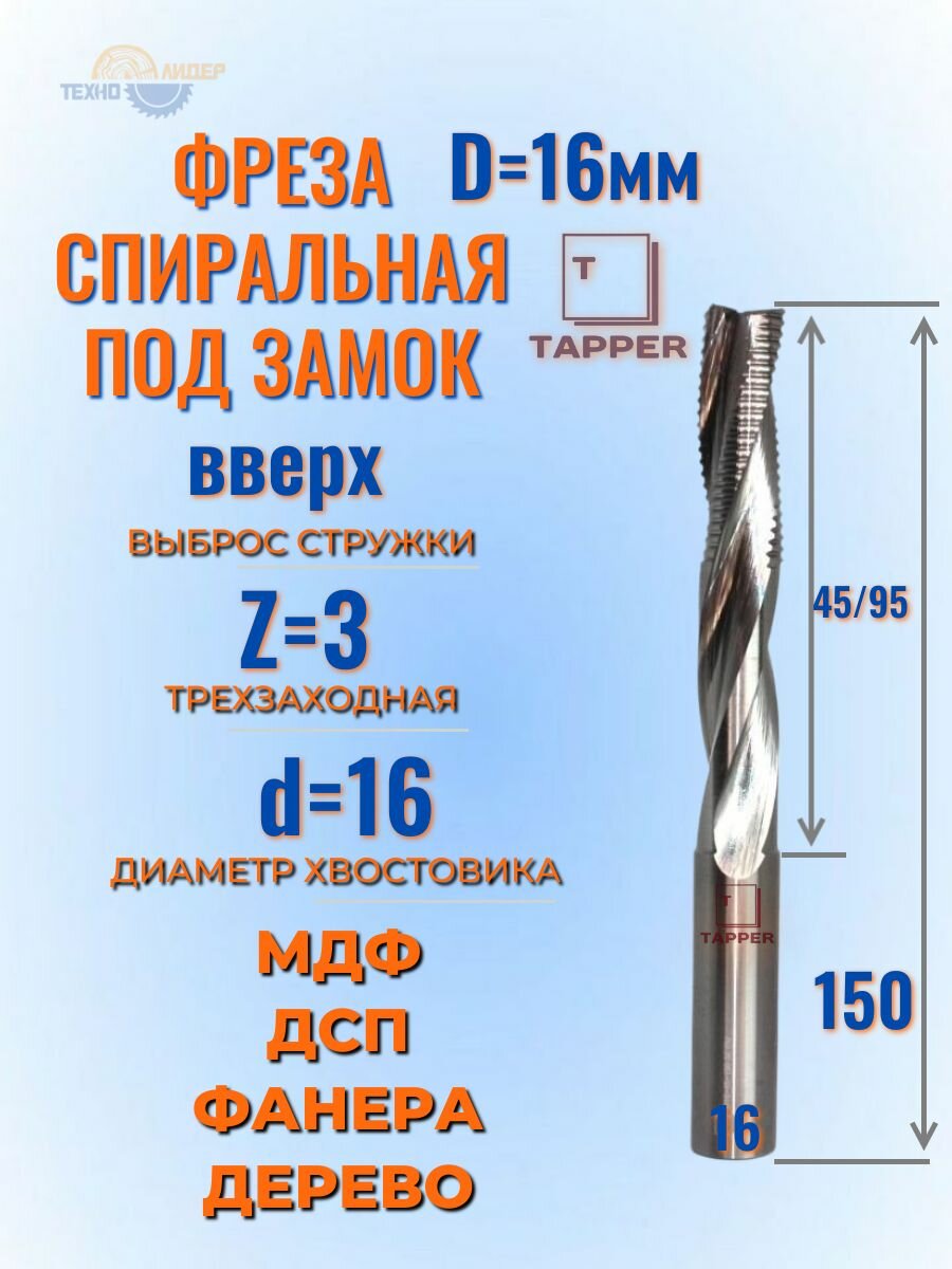 Фреза спиральная под замок 16 х 45/95 х 150 S16 Z3 TR16451503Z Tapper
