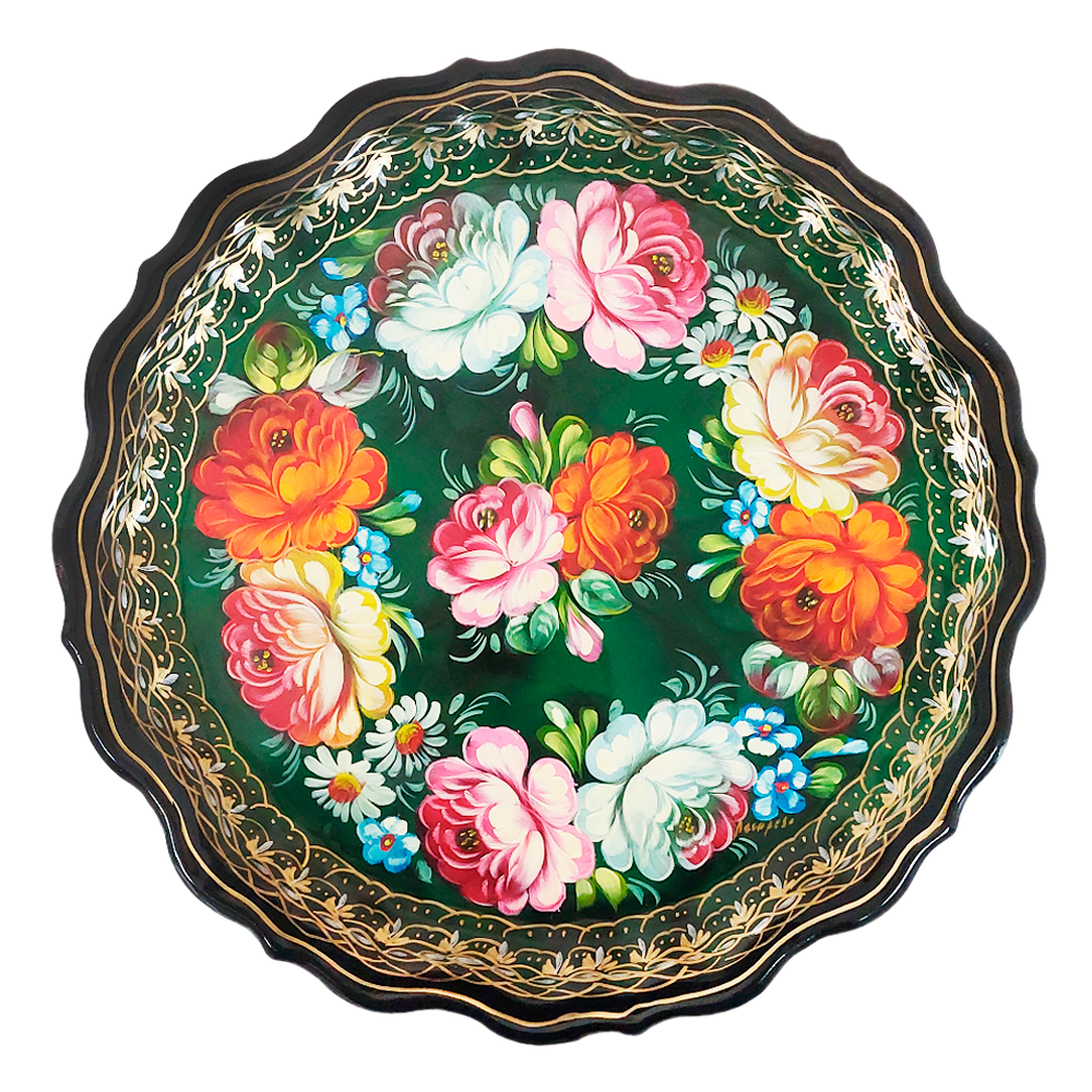 Поднос металлический, круглый "В мире цветочных фантазий", жостово 37см.