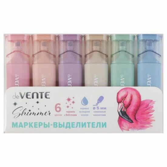 Маркеры-выделители c блестками "Shimmer" 6 цветов На водной основе "De Vente"