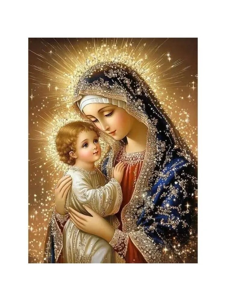 Алмазная Картина Дева Мария И Младенец Иисус 5D Круглый Бриллиант 30х40 см