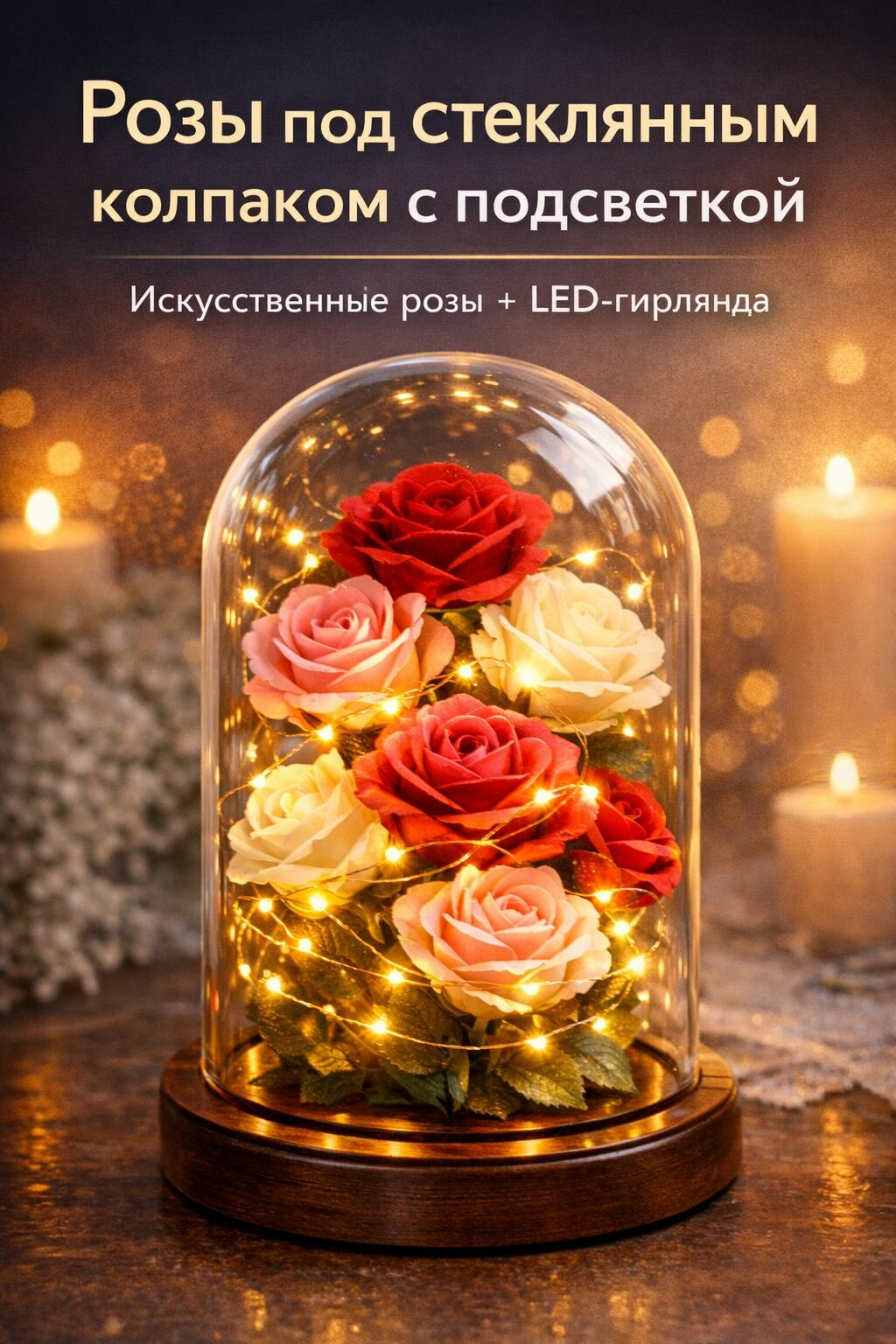 Ночник светящиеся розы в стеклянной колбе 21 см, декоративная лампа, подарок